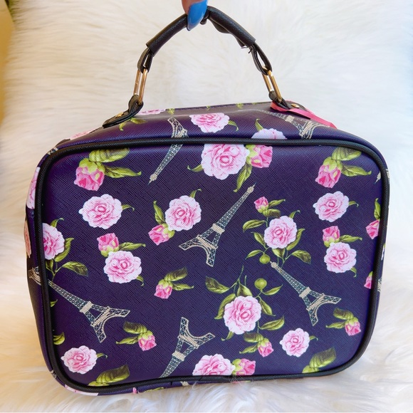 Enchante | Bags | Cosmetic Bag Pink Roses Navy Faux Leather Handle ...